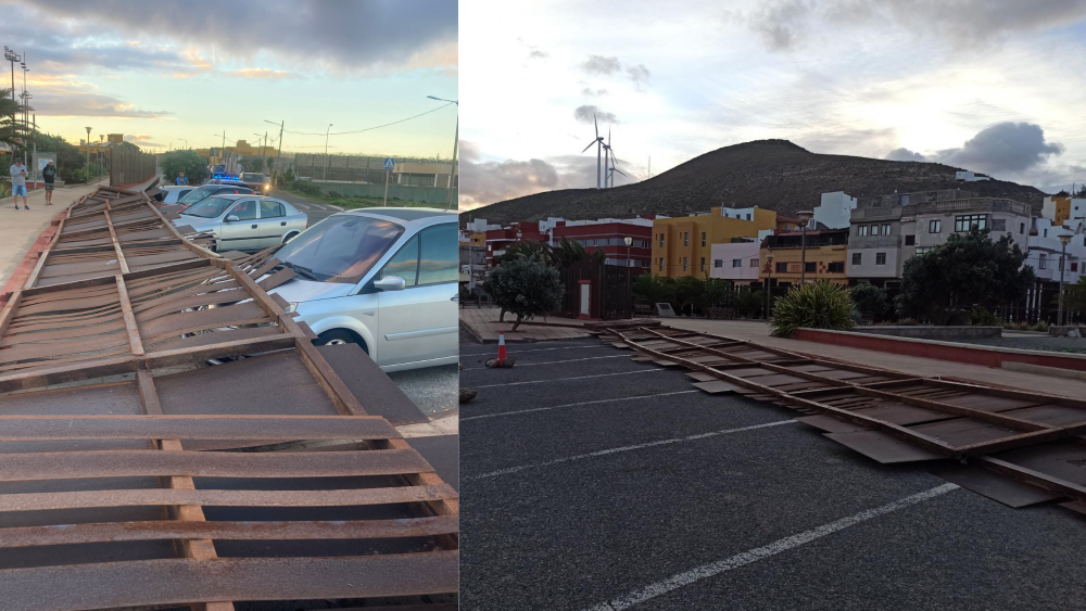 El viento generado por la borrasca derrumba una valla en Sardina del Norte